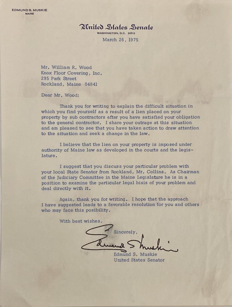 US Senator Edmund S. Muskie signed letter | EstateSales.org