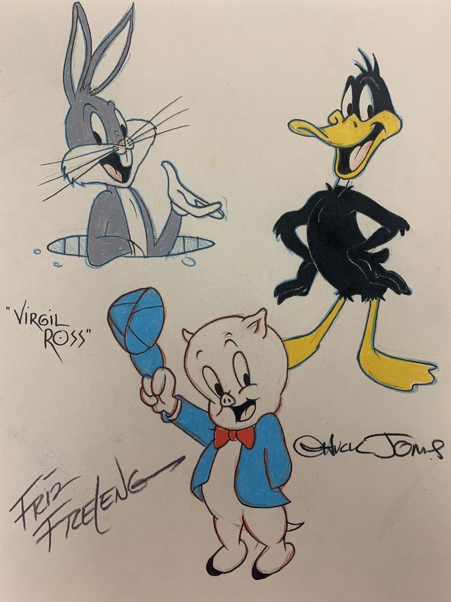 Looney Tunes Sketch signed by Virgil Ross, Chuck Jones and Friz Freleng ...