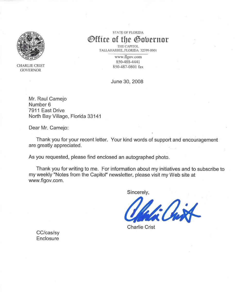 Charlie Crist signed letter | EstateSales.org