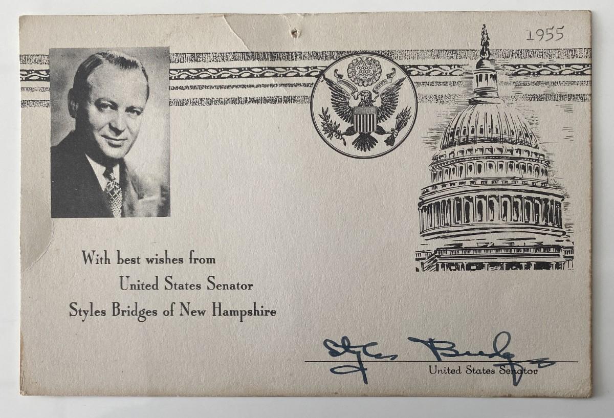 US Senator of New Hampshire Styles Bridges signed card | EstateSales.org