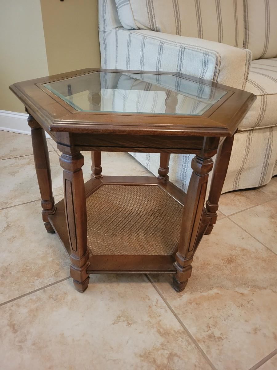 Mid Century Hexagon Beveled Glass Top End Table w/ Cane bottom ...