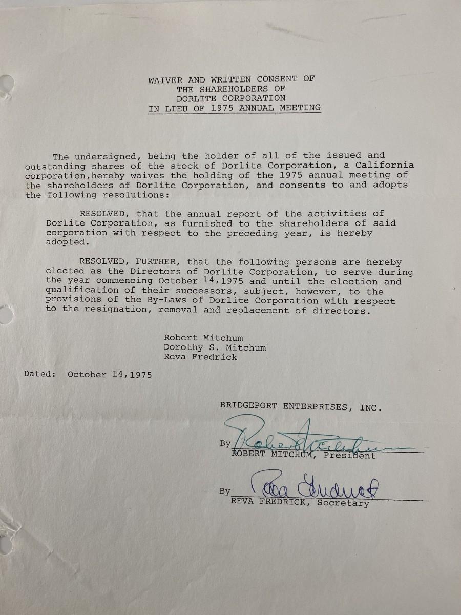 Robert Mitchum signed Dorlite Corporation Document | EstateSales.org