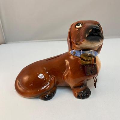 Vintage 1956 Ceramic Weiner Dog Coin Bank with Locking Collar Removable ...
