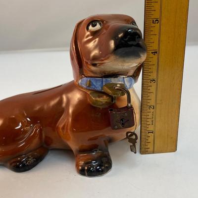 Vintage 1956 Ceramic Weiner Dog Coin Bank with Locking Collar Removable ...