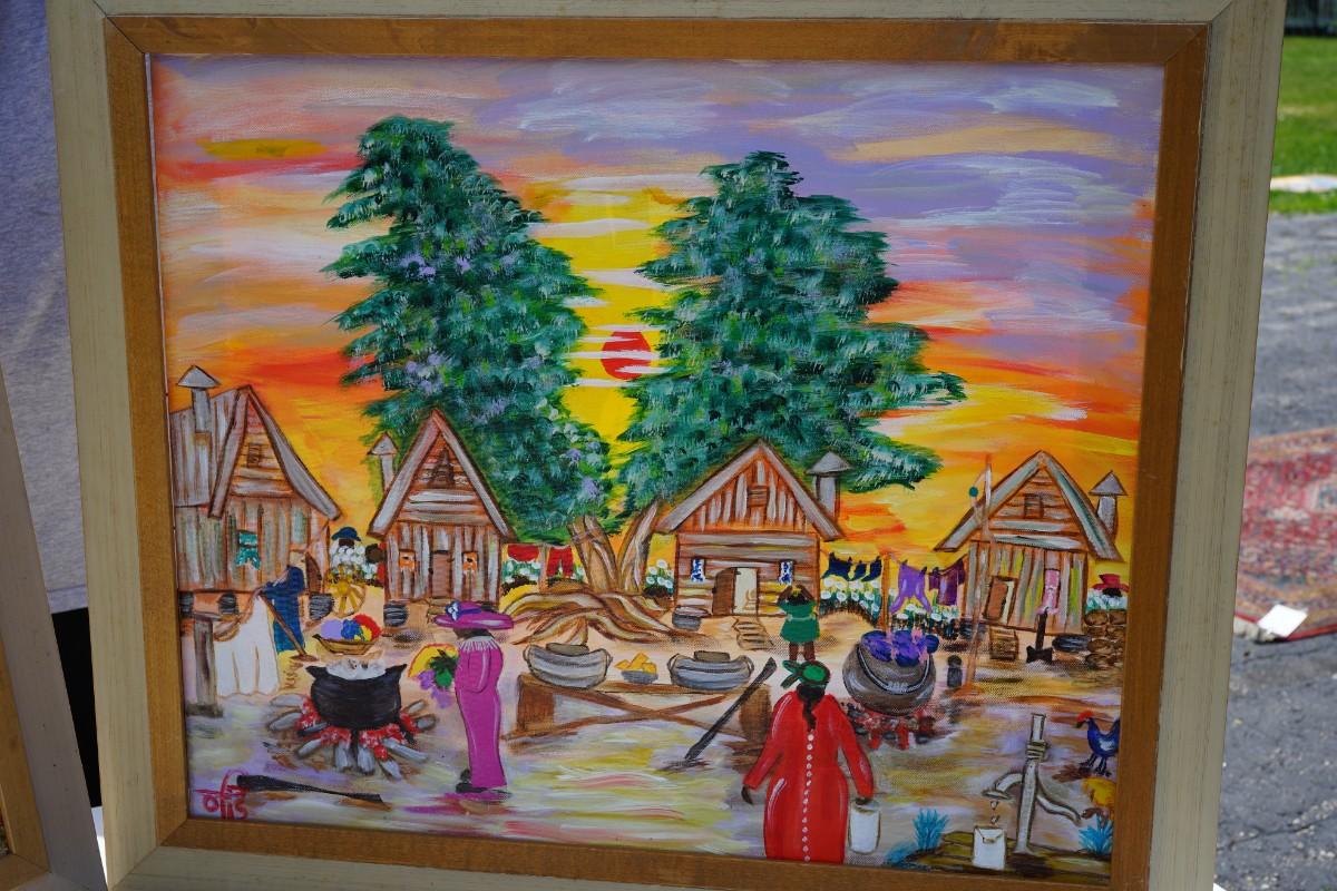 SIGNED "OTIS" COLORFUL FOLK ART PAINTING. FRAMED IN PINE SIMPLE FRAME ...