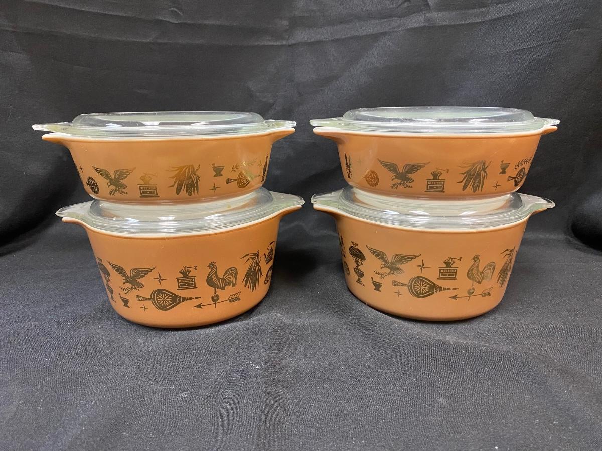 Set of Four Vintage Pyrex Lidded Casserole Dishes 471 473 Brown & Gold ...