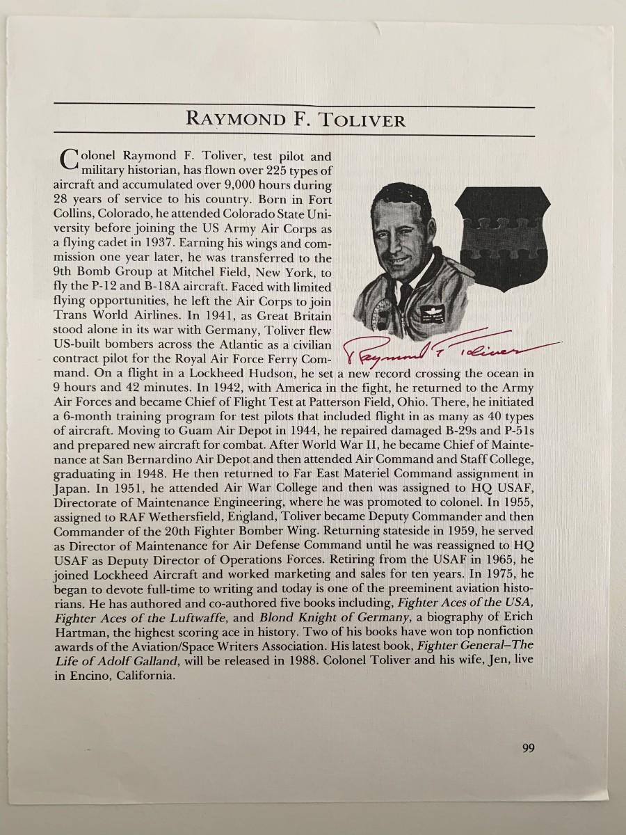 Fighter General Raymond Toliver signed biographical page | EstateSales.org