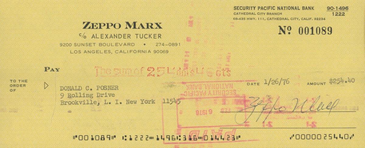 Zeppo Marx signed check | EstateSales.org