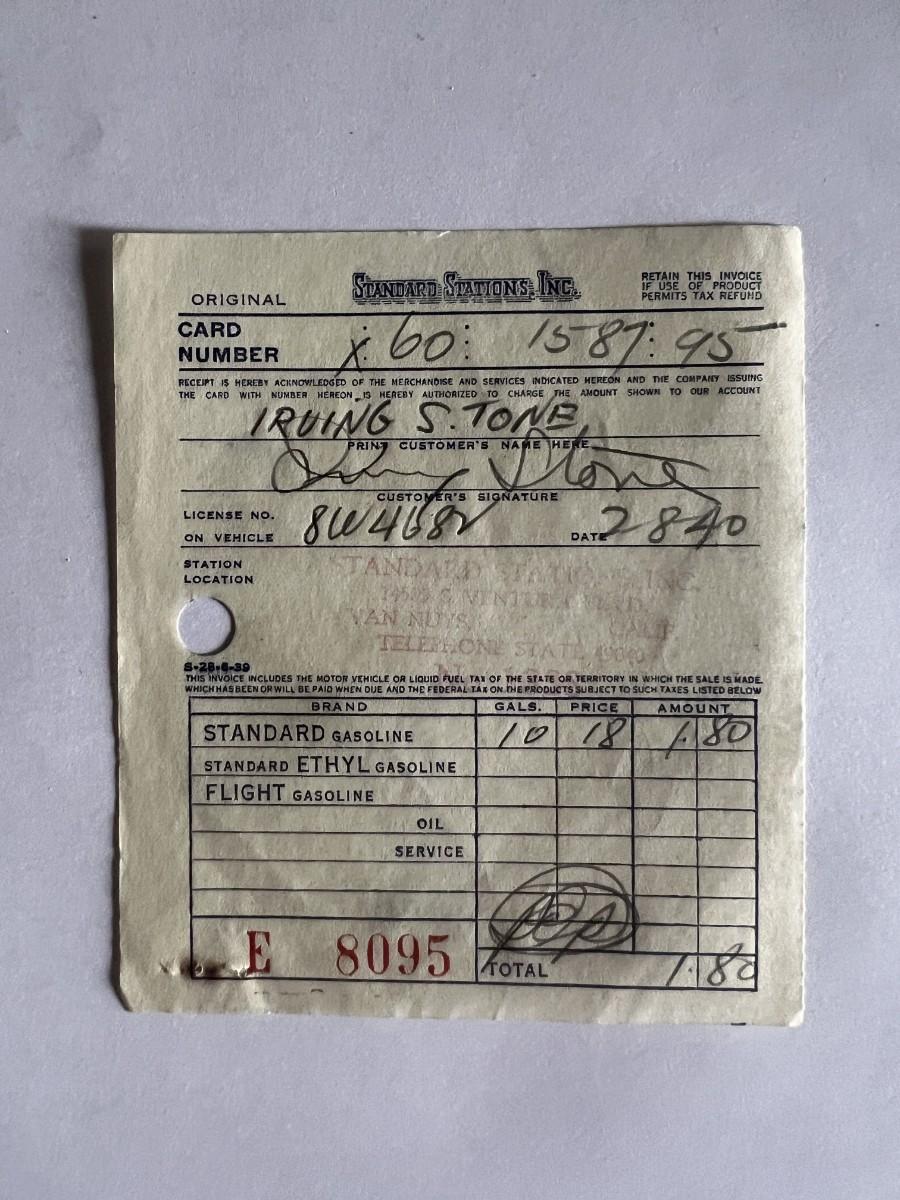 Irving Stone signed gas receipt | EstateSales.org