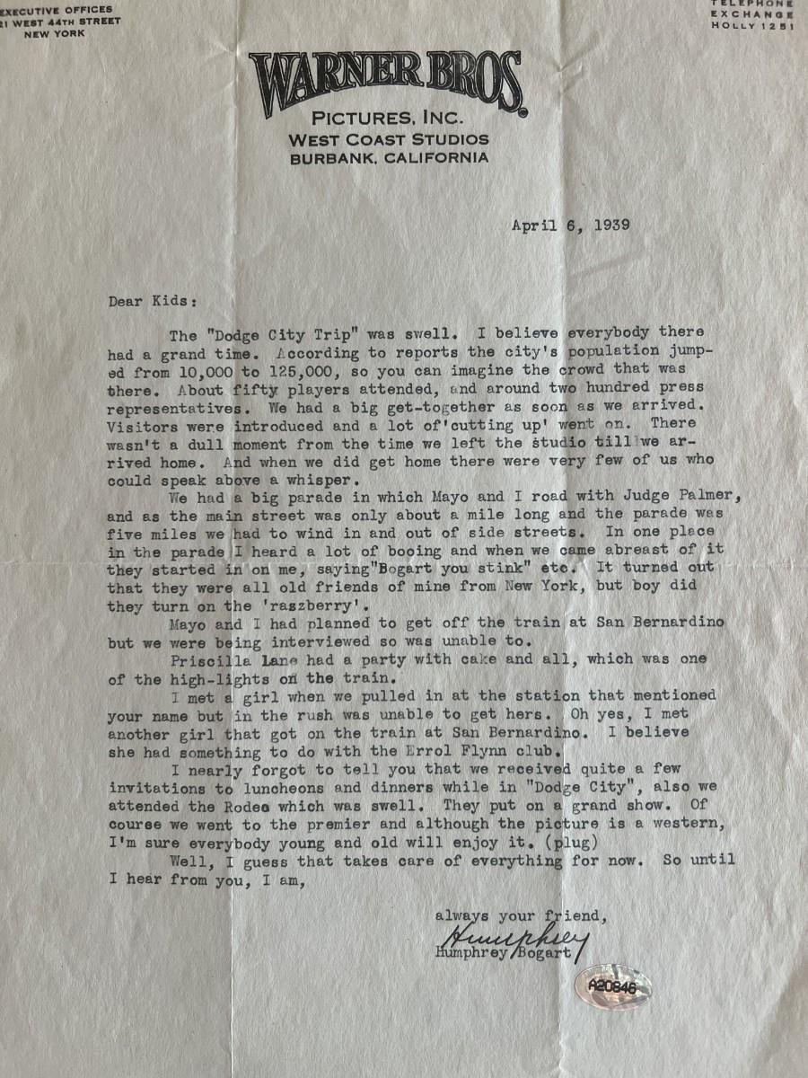 Warner Brothers Humphrey Bogart signed letter. ACE authenticated ...