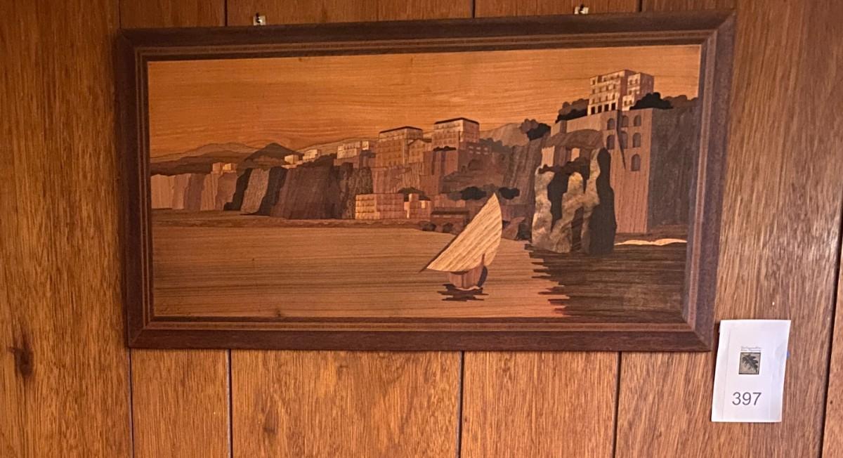 Wood inlay boat scene. | EstateSales.org