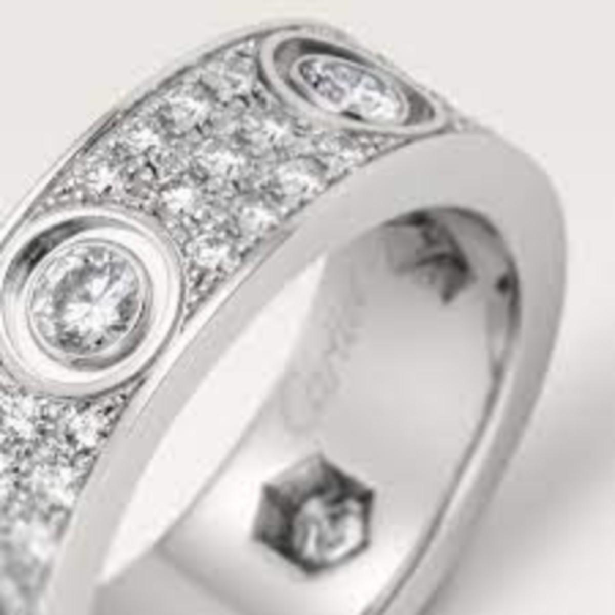 SIZE 7 LOVE ring, small model, 18K white gold (750/1000), set with 72 ...