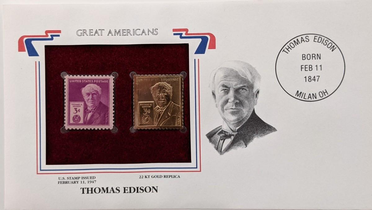 Great Americans Thomas Edison - 22k Gold Stamp Replica First Day Cover ...