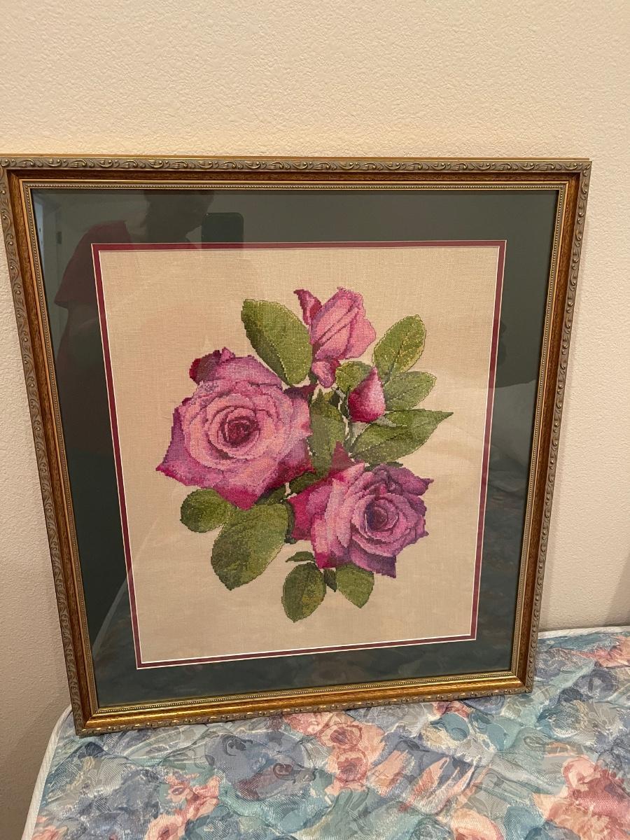 Hand-stitched framed roses. 23” x 19” | EstateSales.org