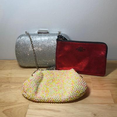 LOT 195M: Red Coach Wristlet Pouch, Bedazzled Evening Bag & Beaded Coin ...