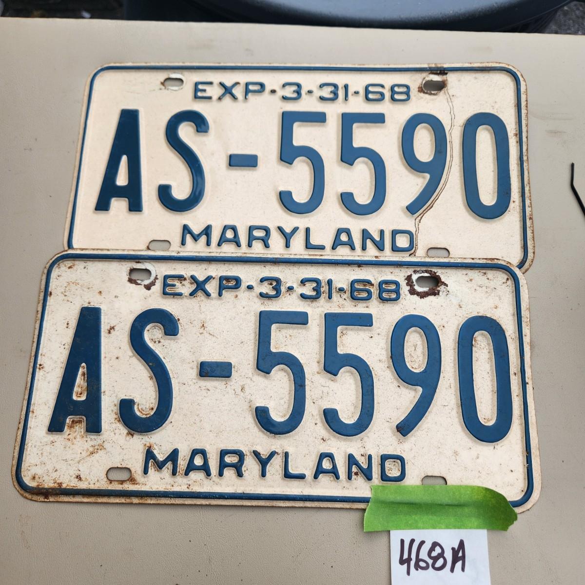 Matching Pair (2) Maryland License Plate 1968 AS5590 | EstateSales.org