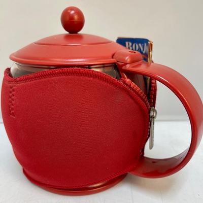 Bonjour Red Handle Pyrex Glass Teapot with Warmer Coozie | EstateSales.org
