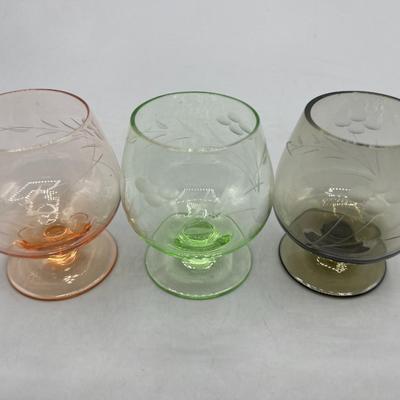 Set of Three Multicolored Small Brandy Snifter Glasses with Floral ...