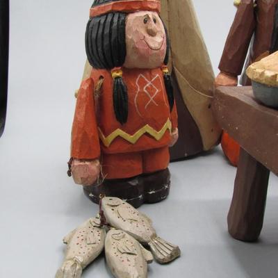 Lot of Thanksgiving Pilgrims & Native American Wooden Figurines Holiday ...
