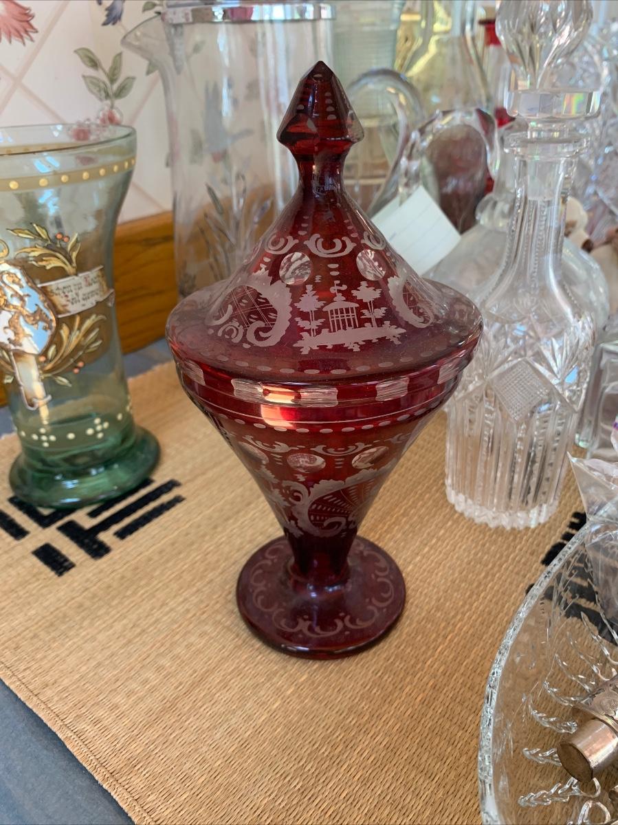 beautiful red cut glass box, bohemian | EstateSales.org