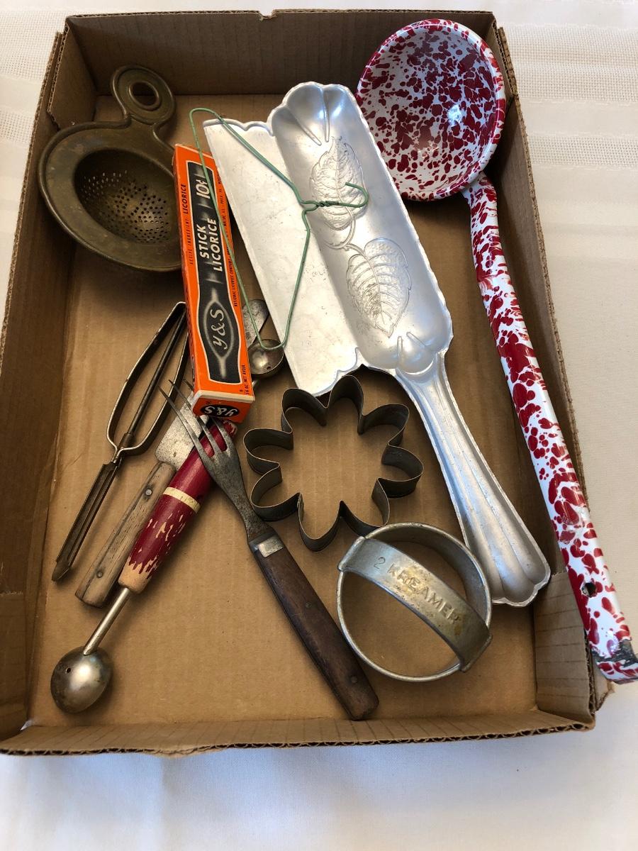 Vintage Kitchen Utensils, Enamel Ladle, Crumb Tray and more ...