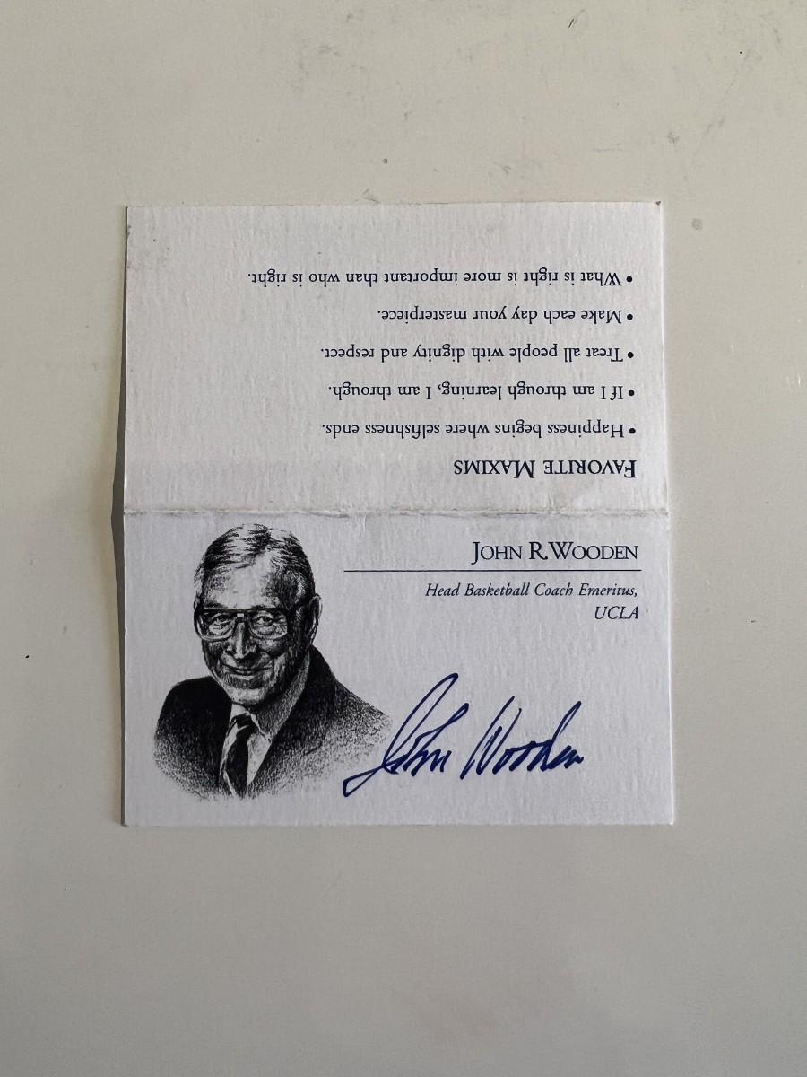 UCLA Basketball Coach John R. Wooden signed business card | EstateSales.org