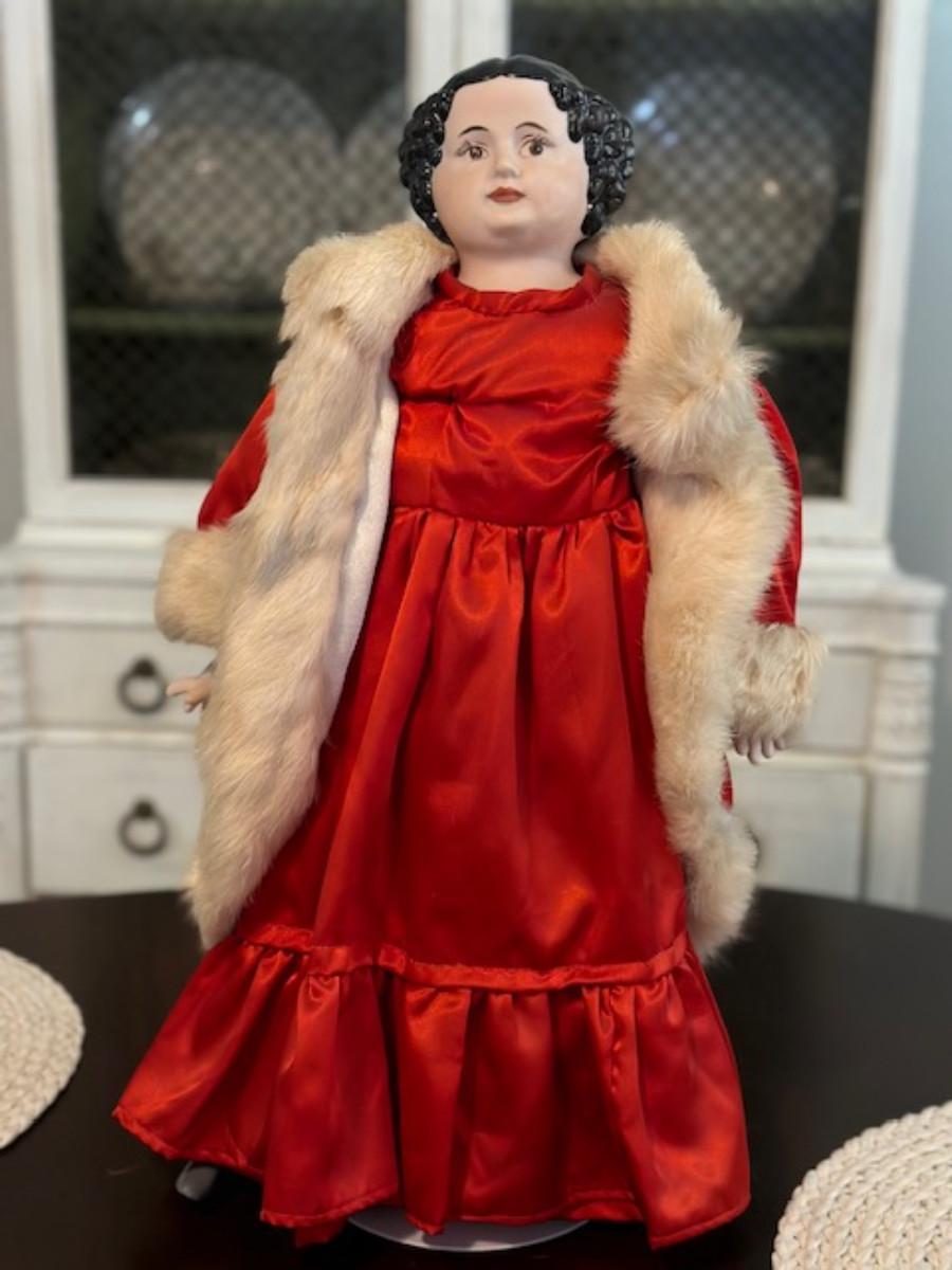 Red Dress/Mink Fur Porcelain Doll 22" | EstateSales.org