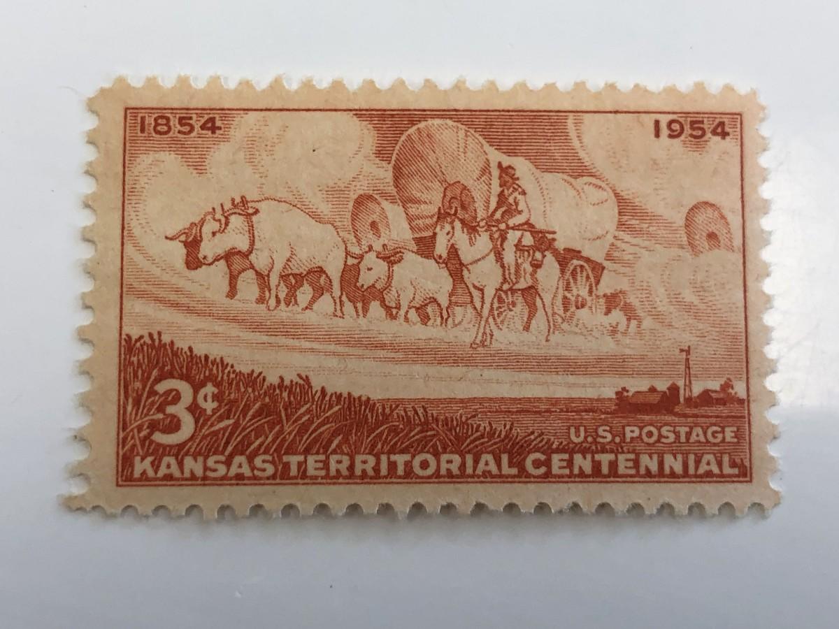 1954 3¢ Wheat Field and Wagon Train Kansas Territorial Centennial Stamp ...