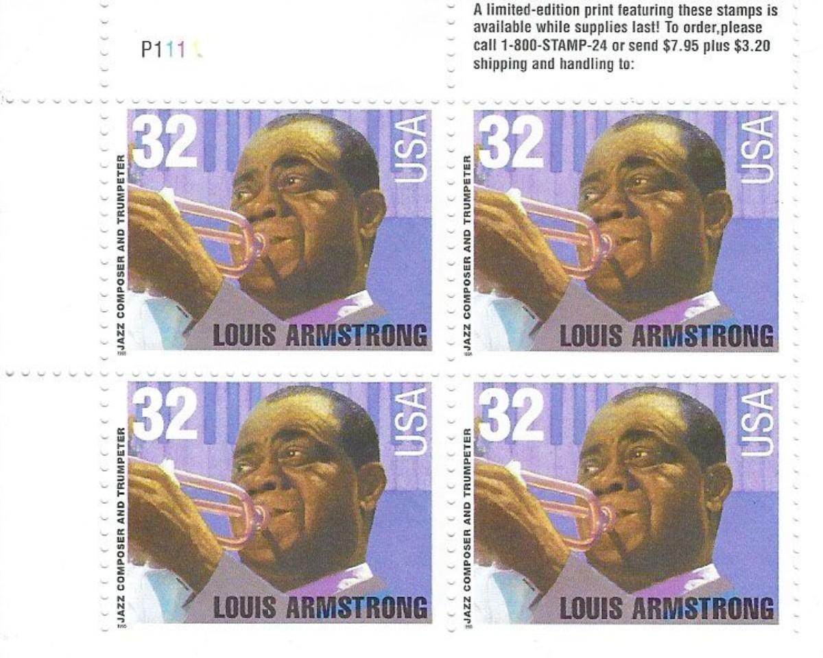 Louis Armstrong stamps plate block | EstateSales.org
