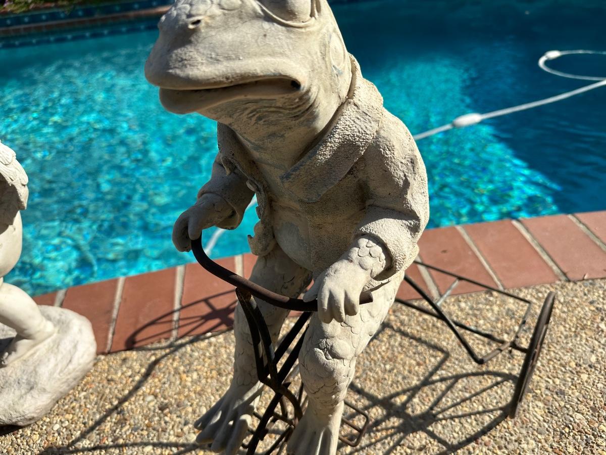 (2) Plastic Garden Statues, Frog on Metal Tricycle (See Description ...