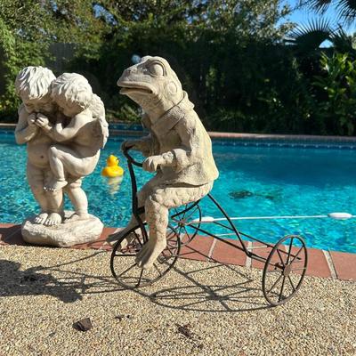 (2) Plastic Garden Statues, Frog on Metal Tricycle (See Description ...
