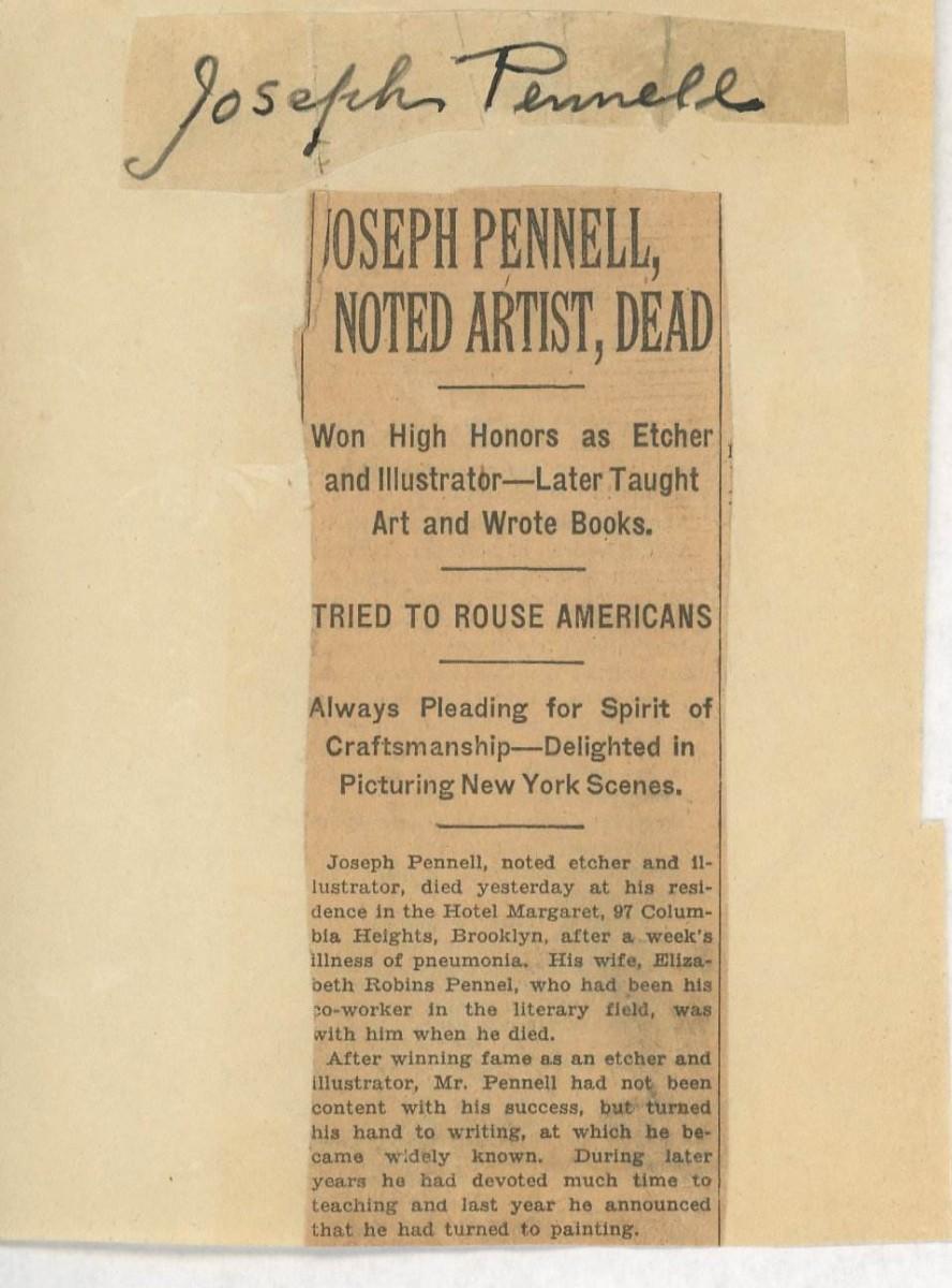 Rare Joseph Pennell original signature and newspaper clipping ...