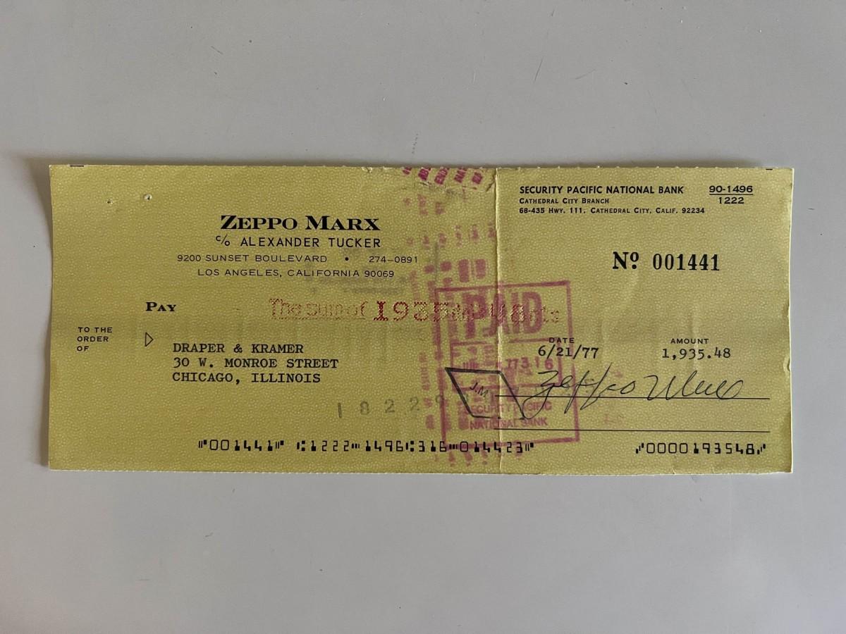 Zeppo Marx signed check | EstateSales.org