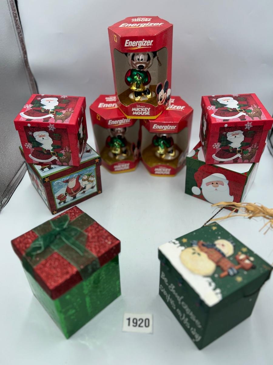 Christmas gift boxes & Mickey Mouse ortamentz | EstateSales.org