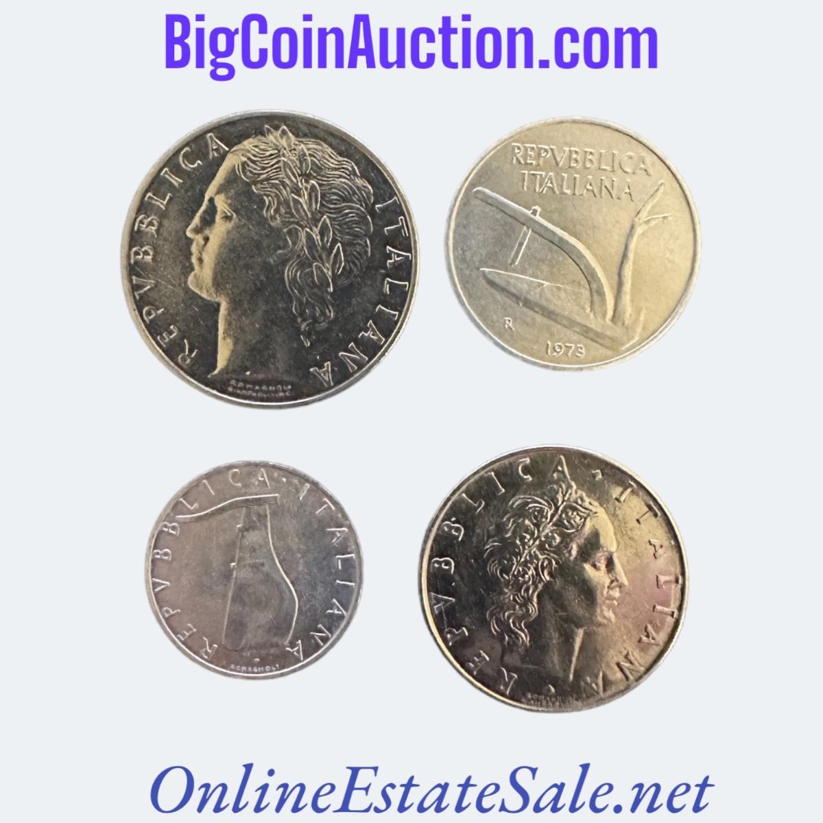 SET OF FOUR 1973 ITALIAN LIRE COINS - 5L, 10L, 50L, & 100L ...