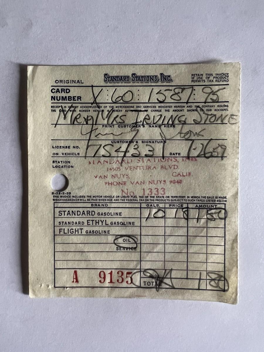 Irving Stone signed gas receipt | EstateSales.org