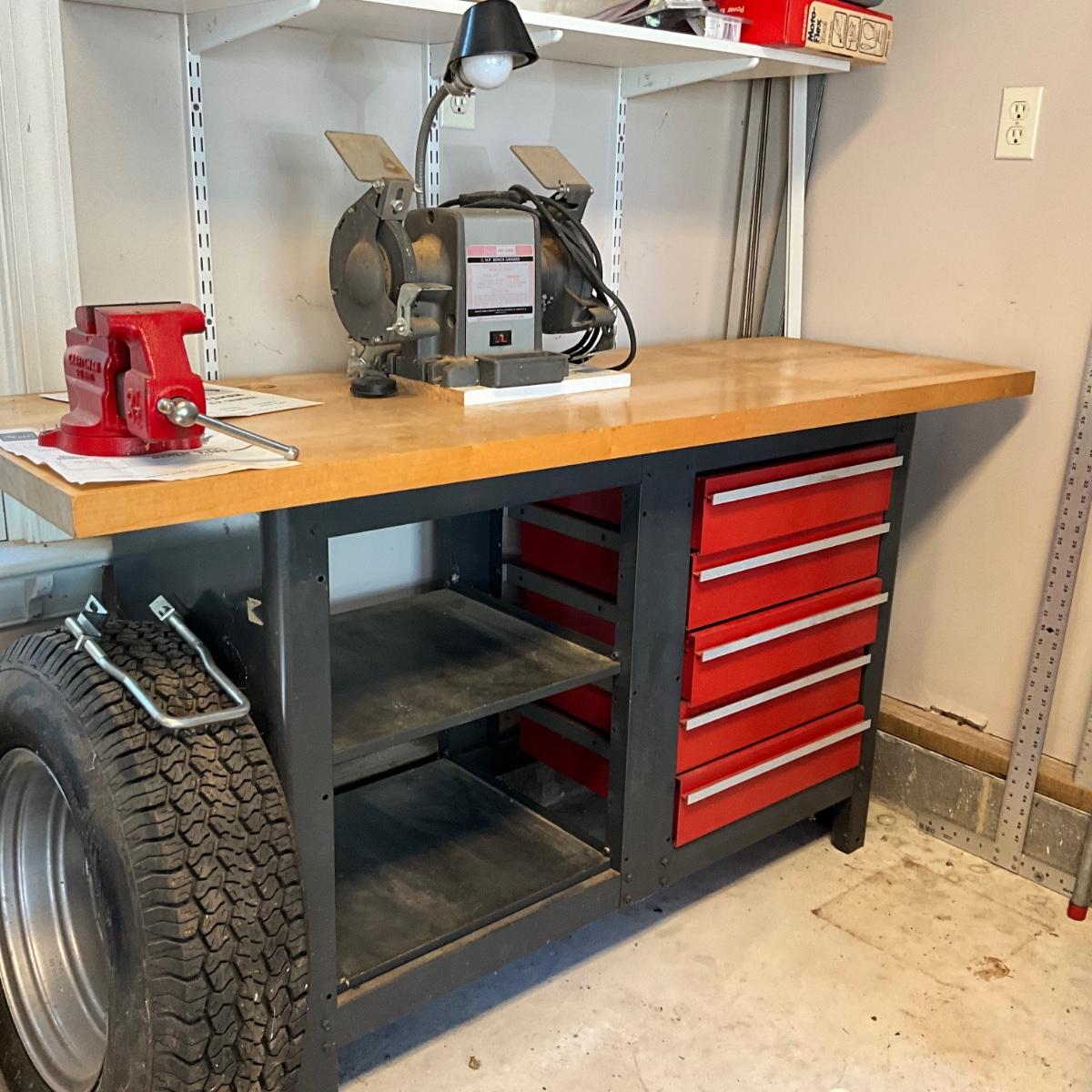 S1611 Craftsman Woodblock Top Metal 5 Drawer Workbench | EstateSales.org