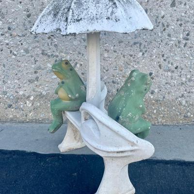 Pair of Frogs Sitting on a Bench Under Umbrella Concrete Garden Yard ...