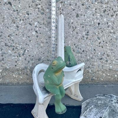 Pair of Frogs Sitting on a Bench Under Umbrella Concrete Garden Yard ...