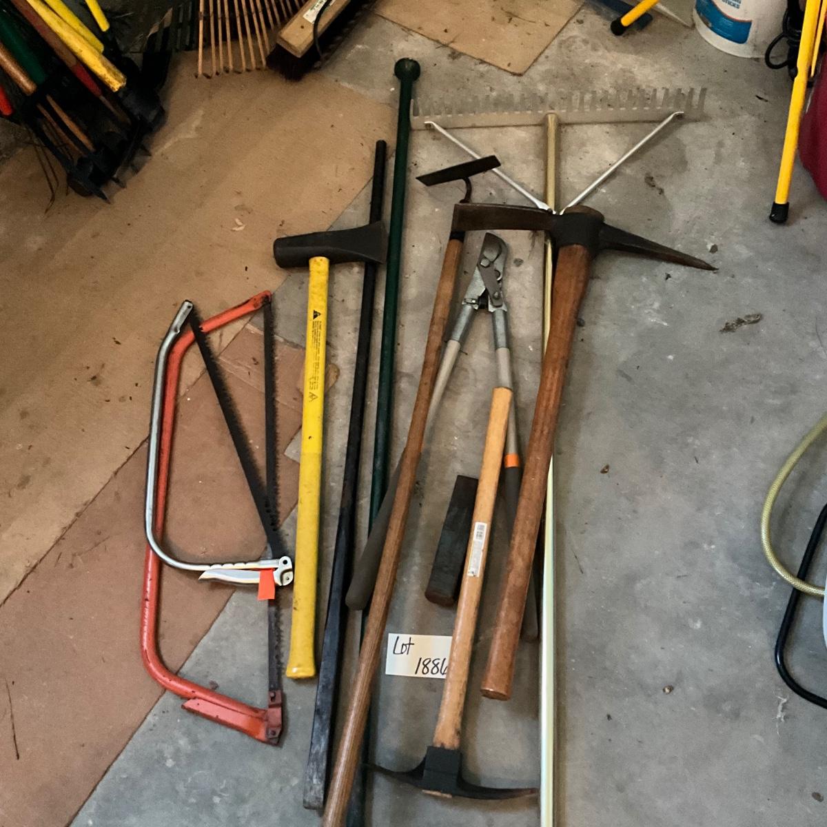 G1886 Tool Lot , Pic Axe, Sledge Hammer/ Axe, Edger, Aluminum Rake ...