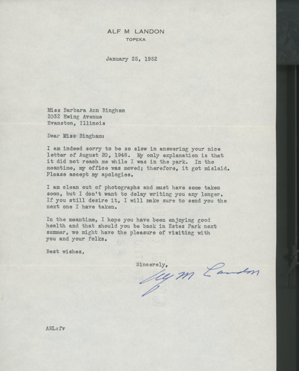 Gov of Kansas Alf Landon signed letter | EstateSales.org