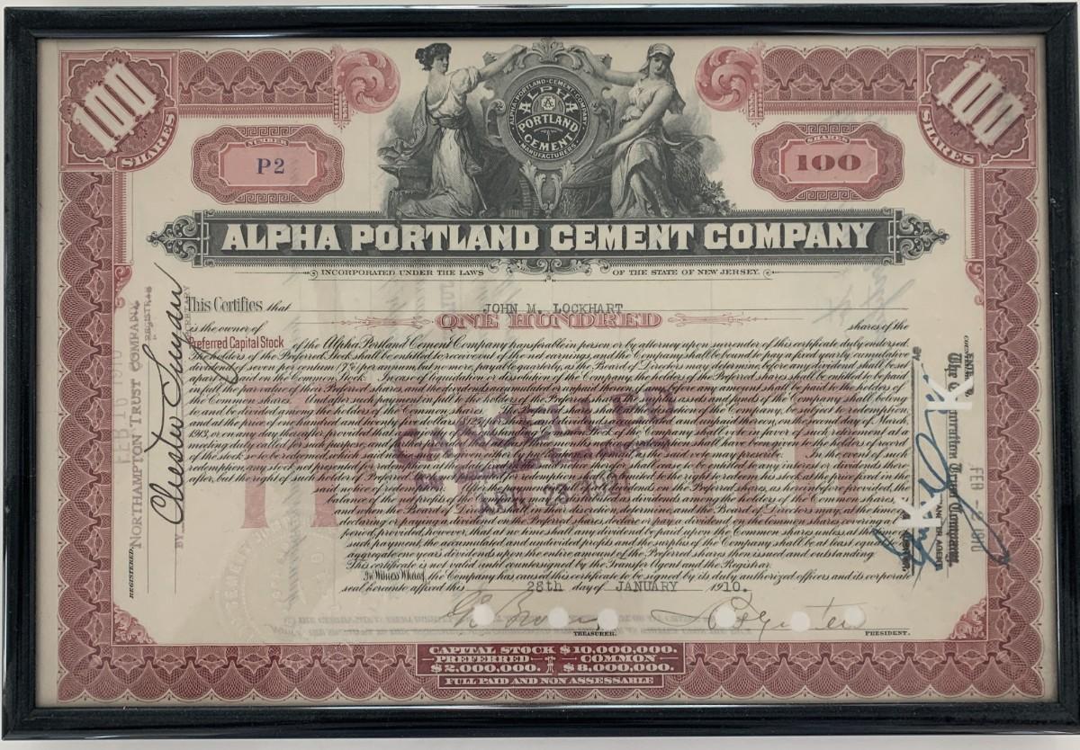 Alpha Portland Cement Company 1910 stock certificate | EstateSales.org