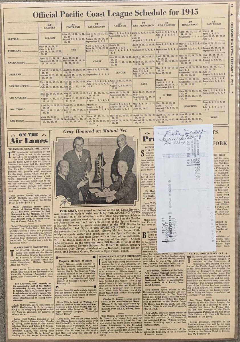 Pete Gray signed check with vintage newspaper | EstateSales.org