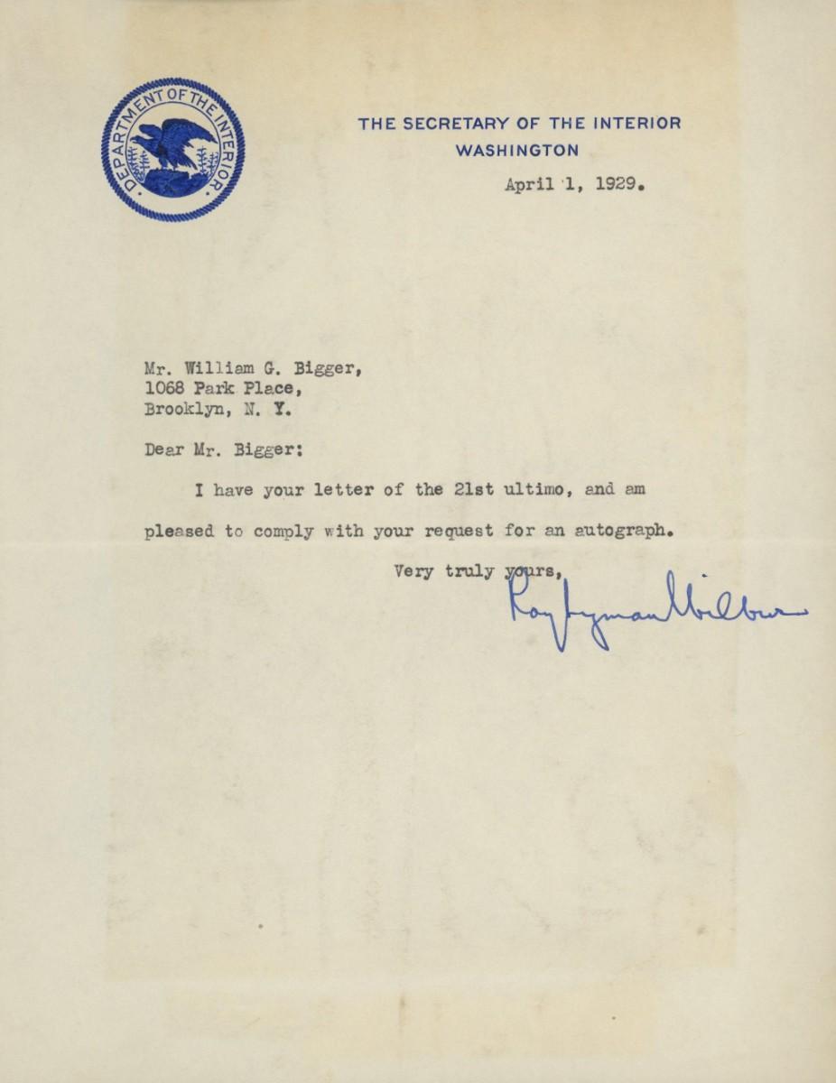 Ray Lyman Wilbur signed letter | EstateSales.org