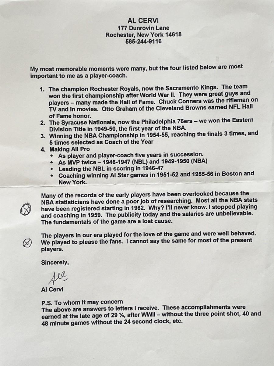 Basketball player Al Cervi signed letter | EstateSales.org