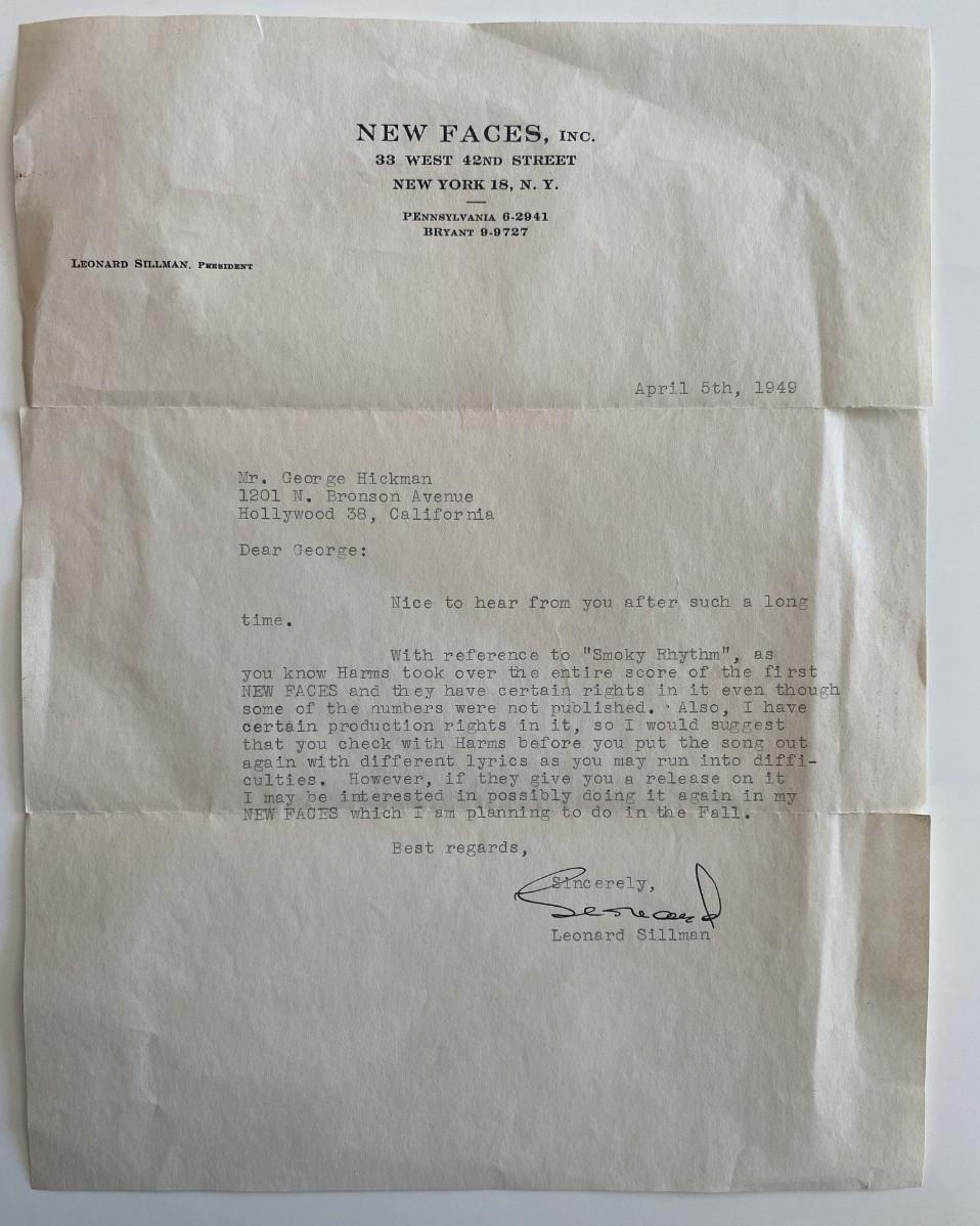 Music producer Leonard Sillman signed letter | EstateSales.org