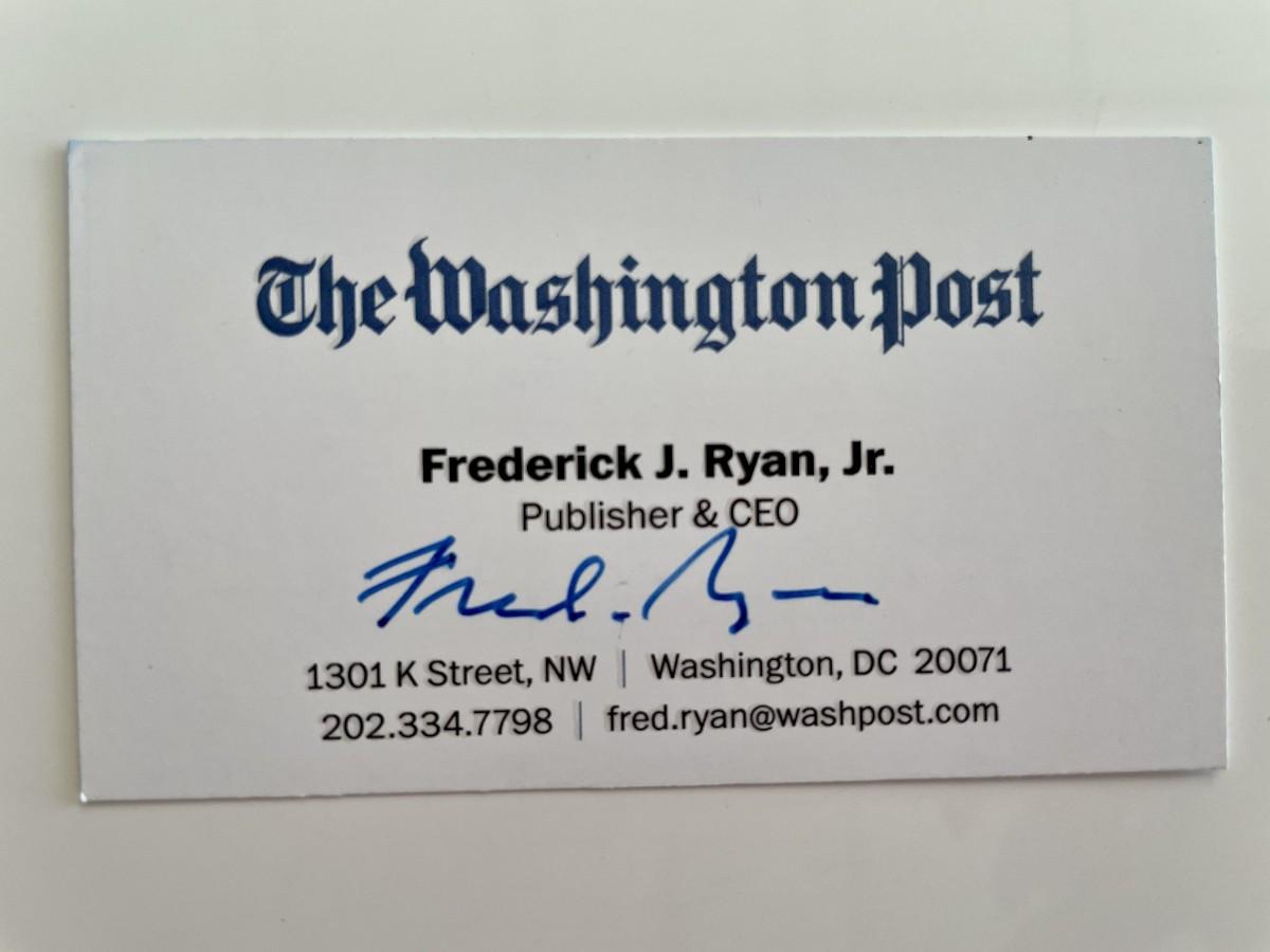 The Washington Post CEO Fred Ryan signed business card | EstateSales.org