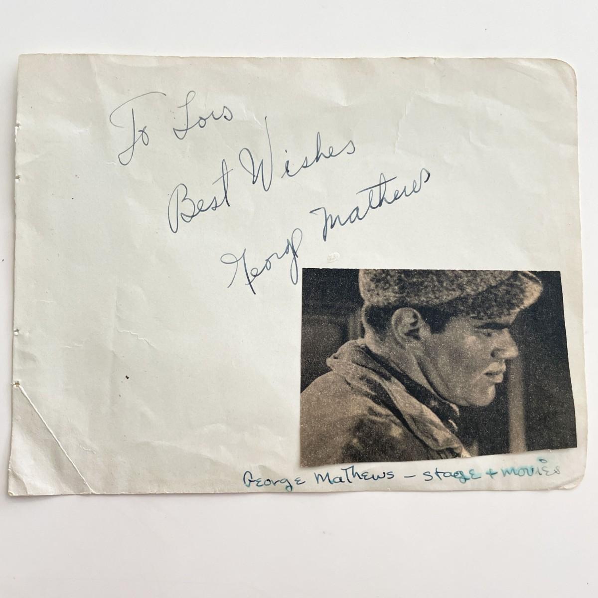 Actor George Mathews signed note with photo | EstateSales.org