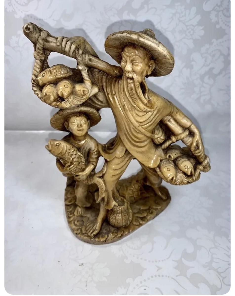 Vintage CHINESE Old Man And Young Boy Carrying Fish. Made In Mexico ...