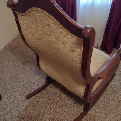 Antique Swan Neck Wood Framed Rocking Chair with Biege Upholstery ...